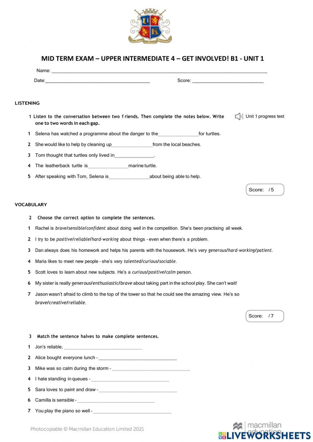 UPPER INTERMEDIATE 4 - GET INVOLVED B1 - UNIT 1