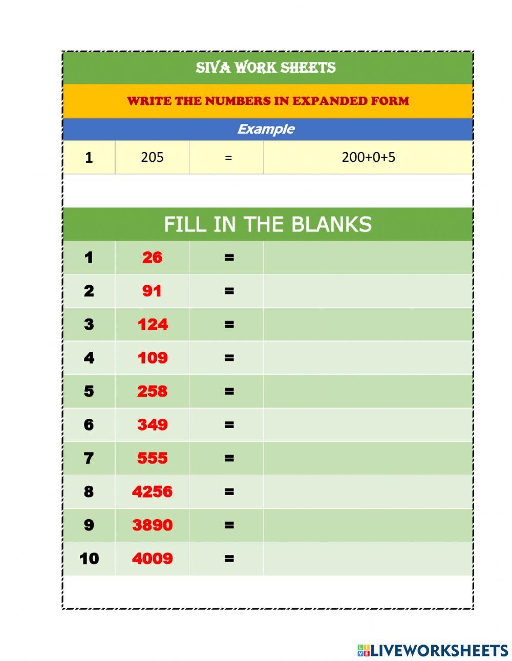 Expanded form interactive activity for 1-5 | Live Worksheets