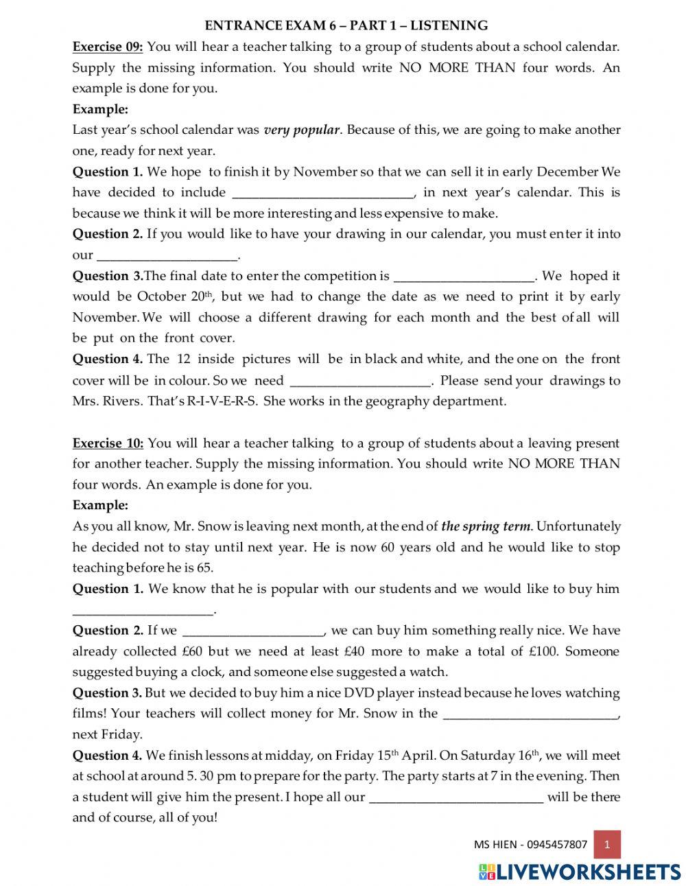 EE6-Part1-Listening-Ex09-10-S worksheet | Live Worksheets