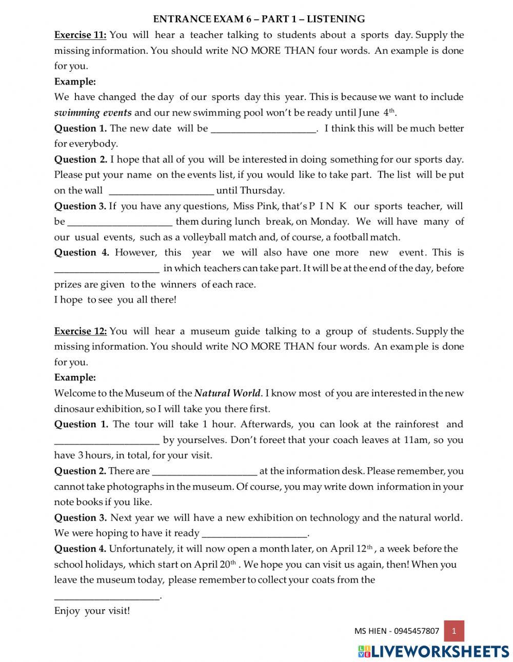 EE6-Part1-Listening-Ex11-12-S worksheet | Live Worksheets