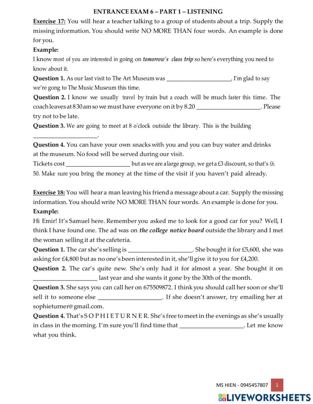 EE6-Part1-Listening-Ex17-18-S worksheet | Live Worksheets
