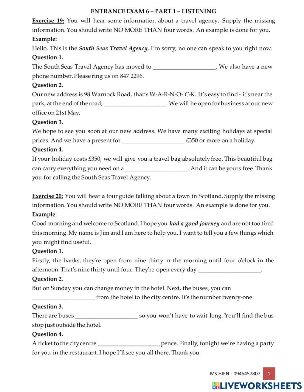 EE6-Part1-Listening-Ex19-20-S worksheet | Live Worksheets