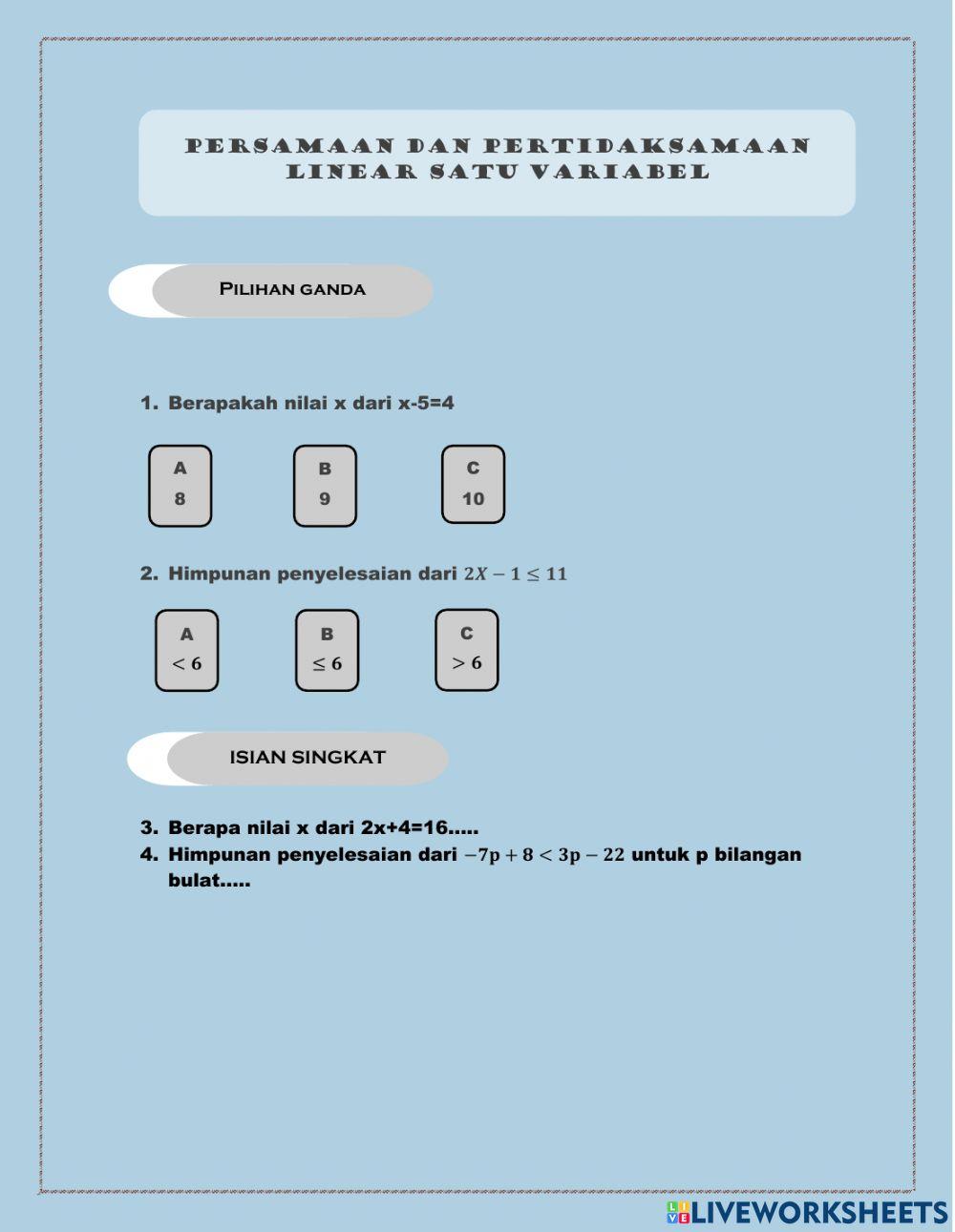Latihan plsv & ptlsv worksheet | Live Worksheets