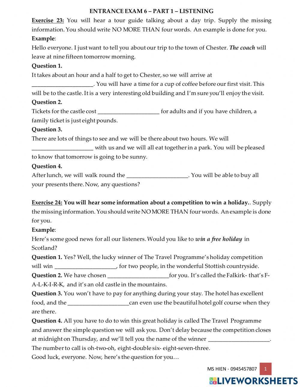 EE6-Part1-Listening-Ex23-24-S worksheet | Live Worksheets