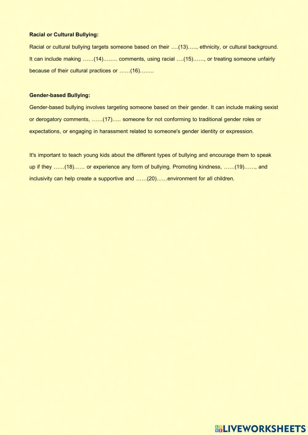 Bullying online pdf worksheet | Live Worksheets