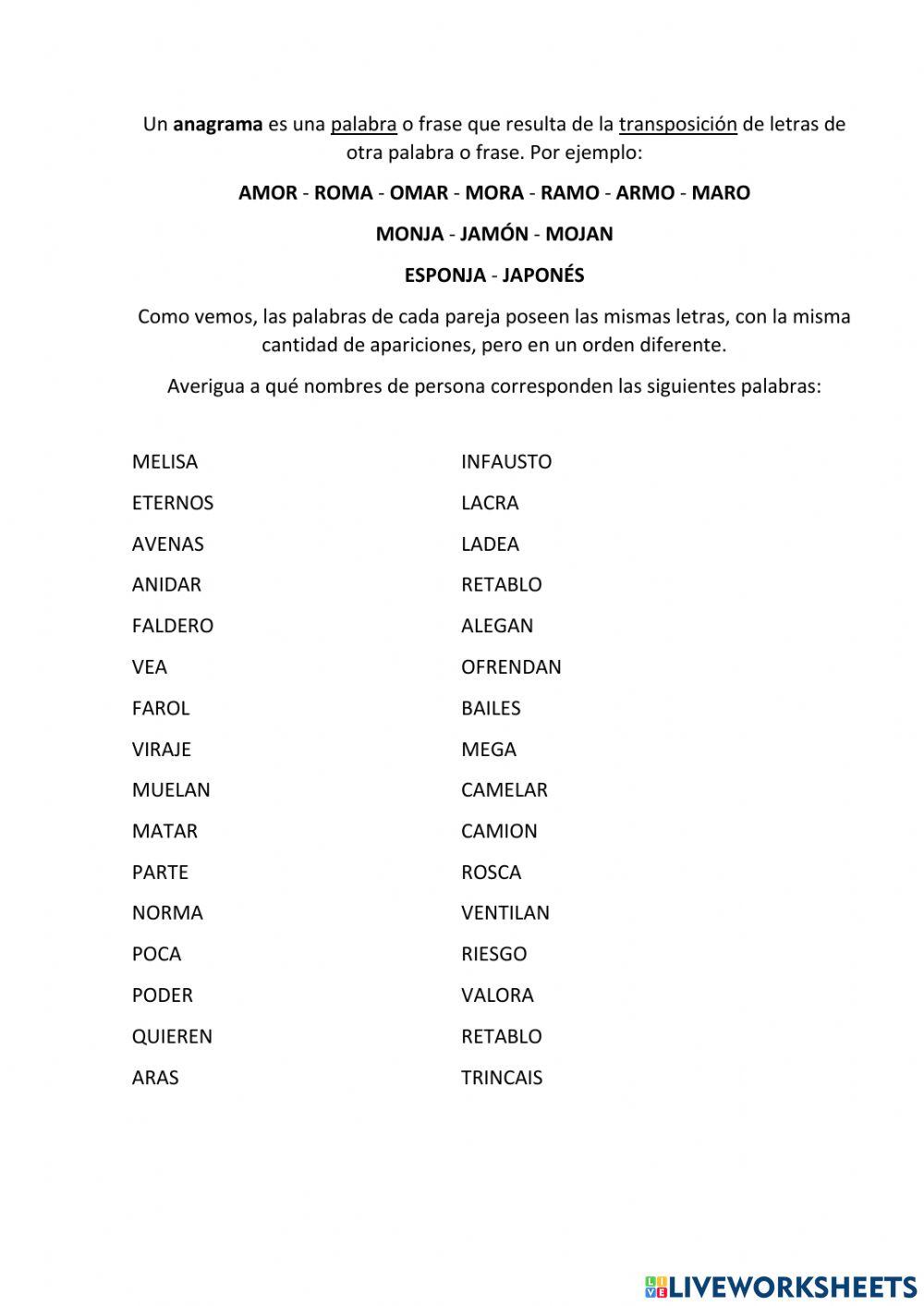Anagramas nombres propios worksheet | Live Worksheets