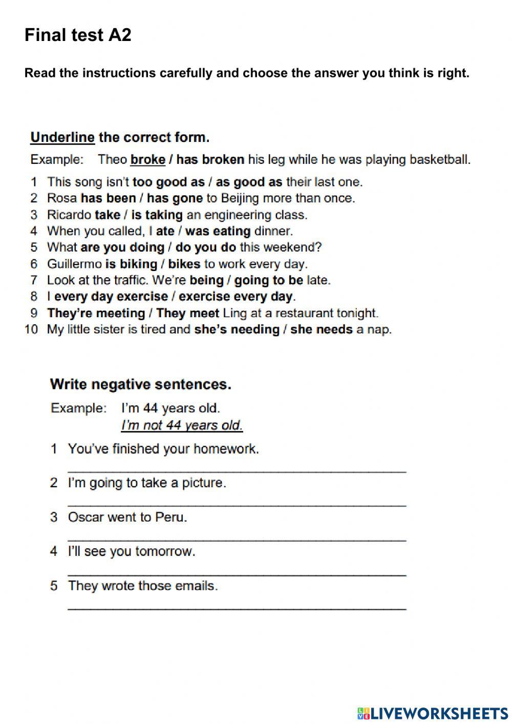 A2 Final Test | Free Interactive Worksheets | 7024111