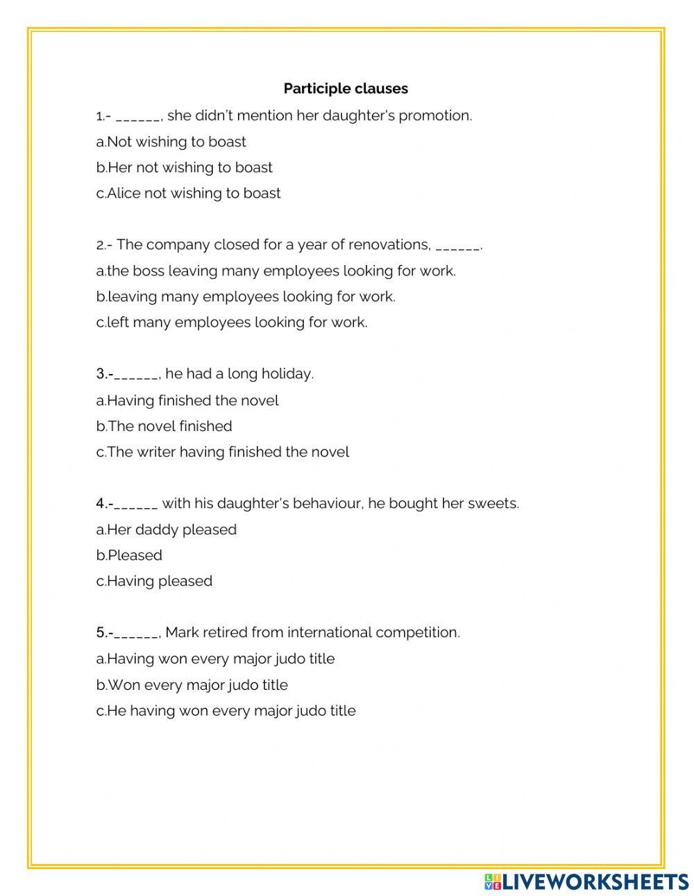 Participle clau… | Free Interactive Worksheets | 7024882