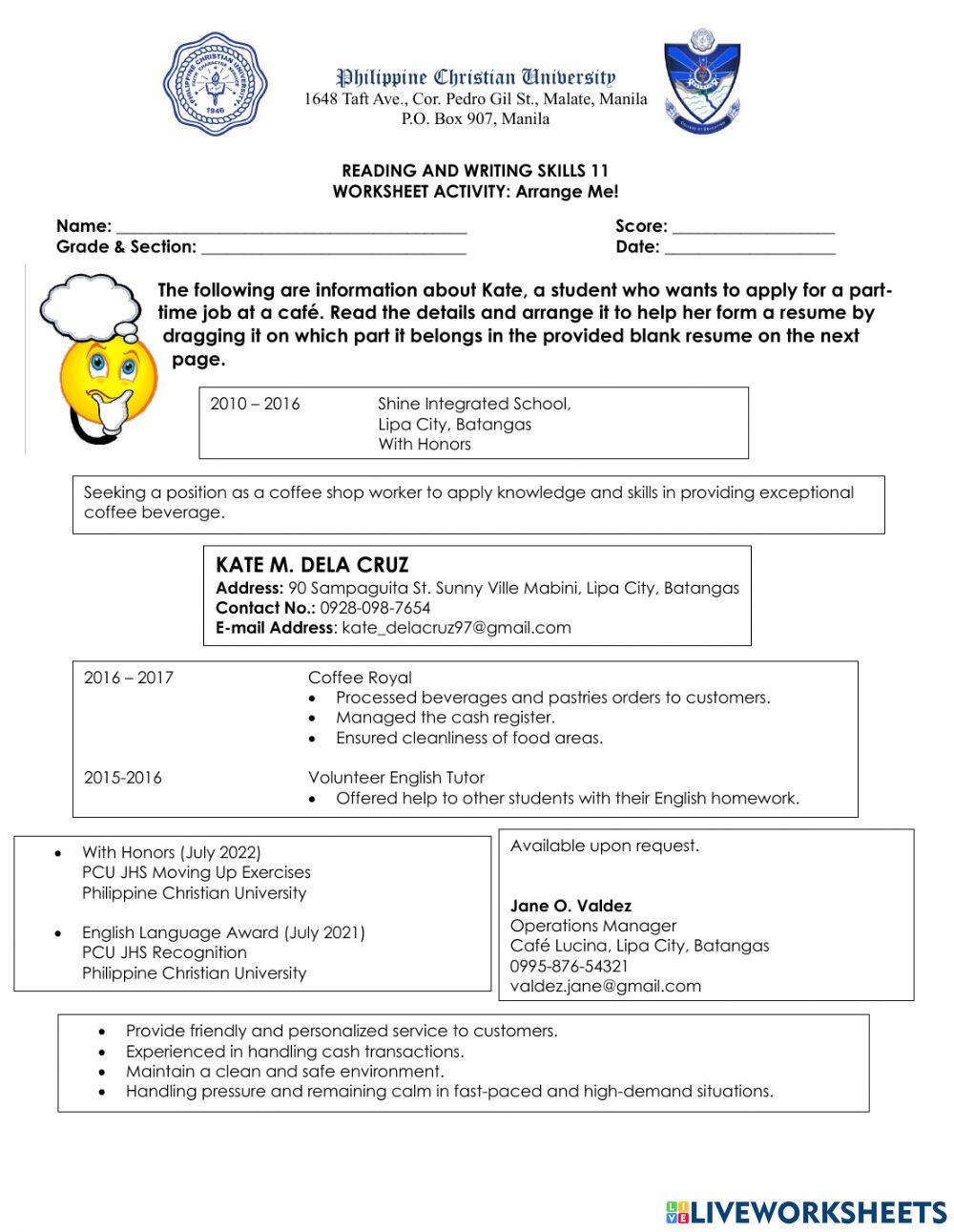 Reading and writing resume worksheet arrangement 7025140