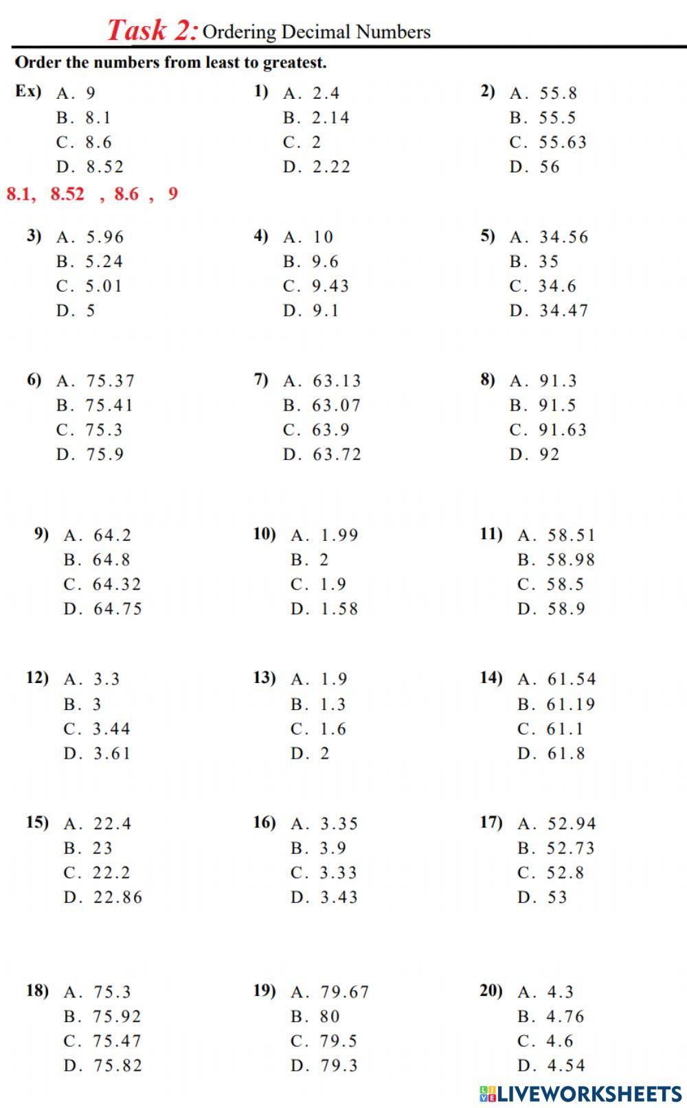 Decimal Worksheet Task 2 worksheet | Live Worksheets