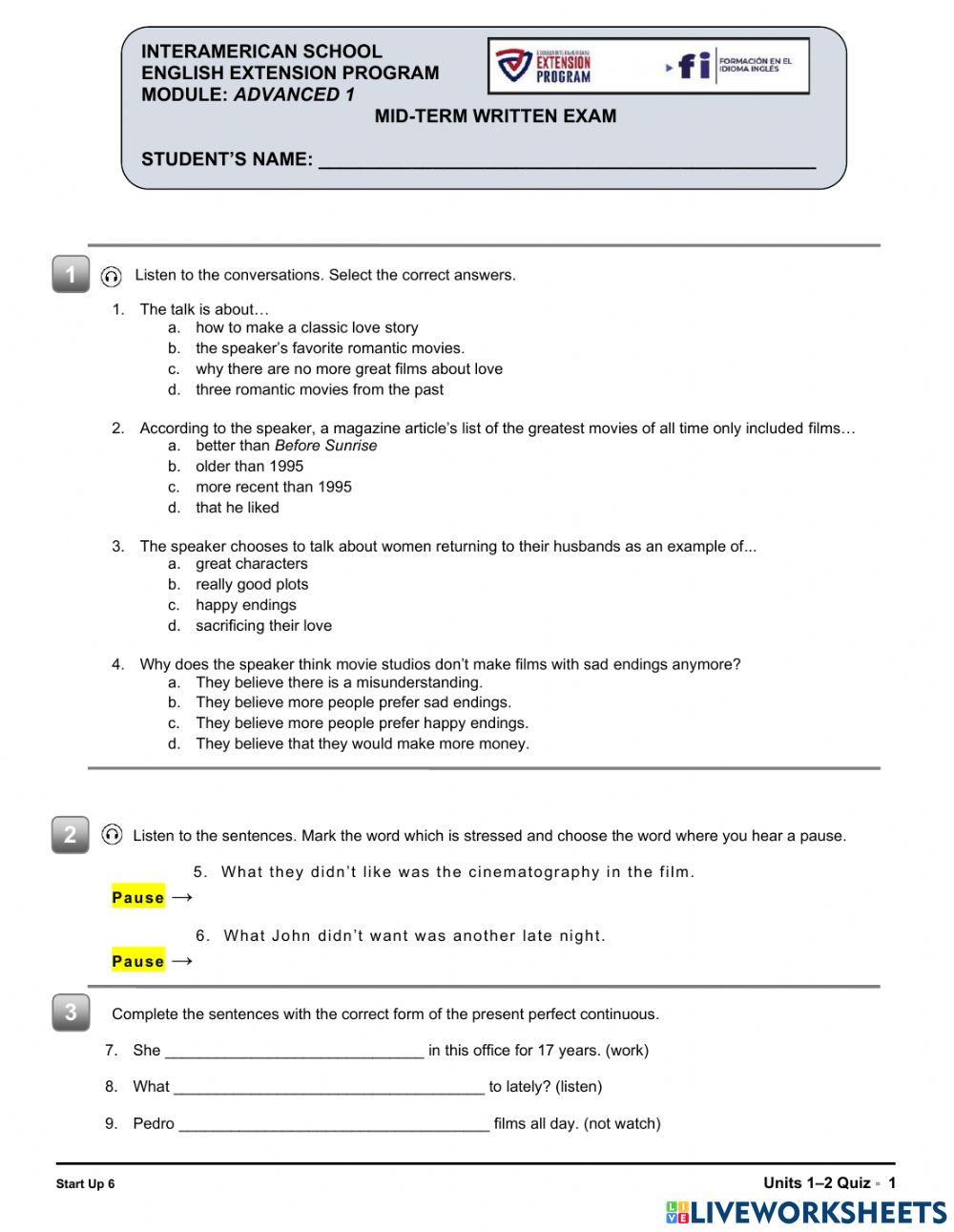 MID-TERM ADVANCED 1 online exercise for | Live Worksheets