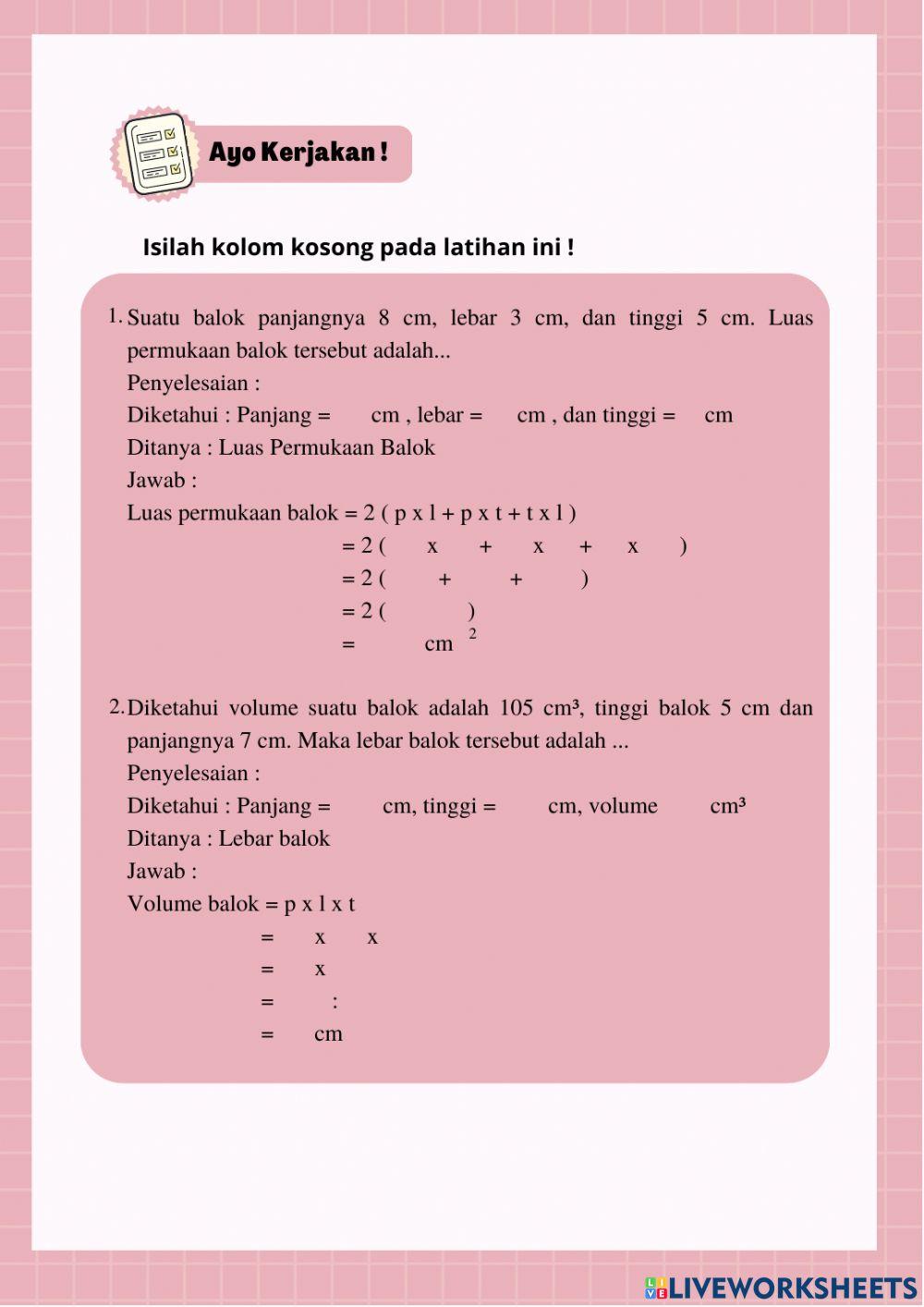 Luas Permukaan dan Volume Balok worksheet | Live Worksheets