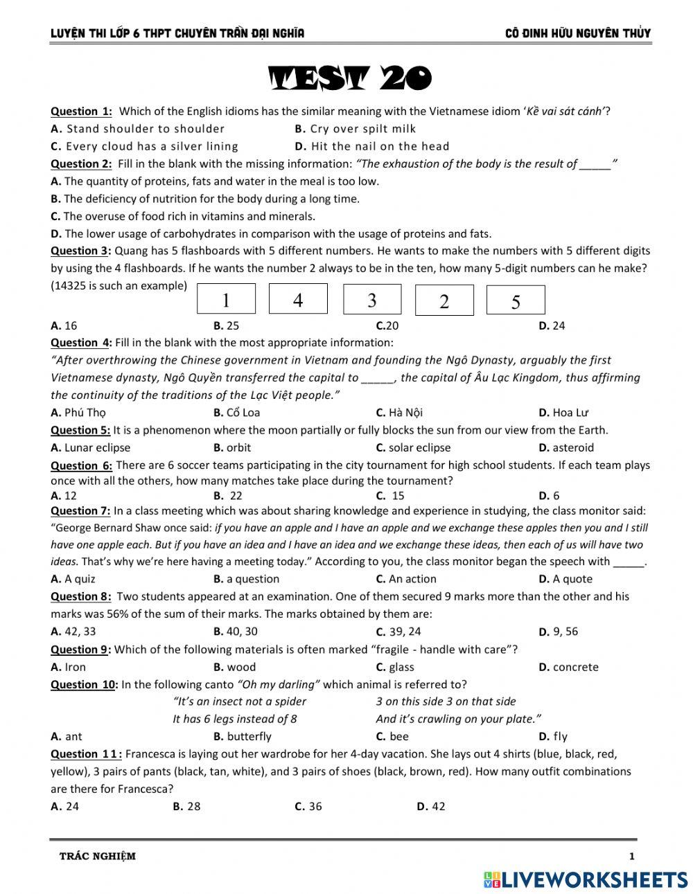 MCQ - TEST 20 online exercise for | Live Worksheets