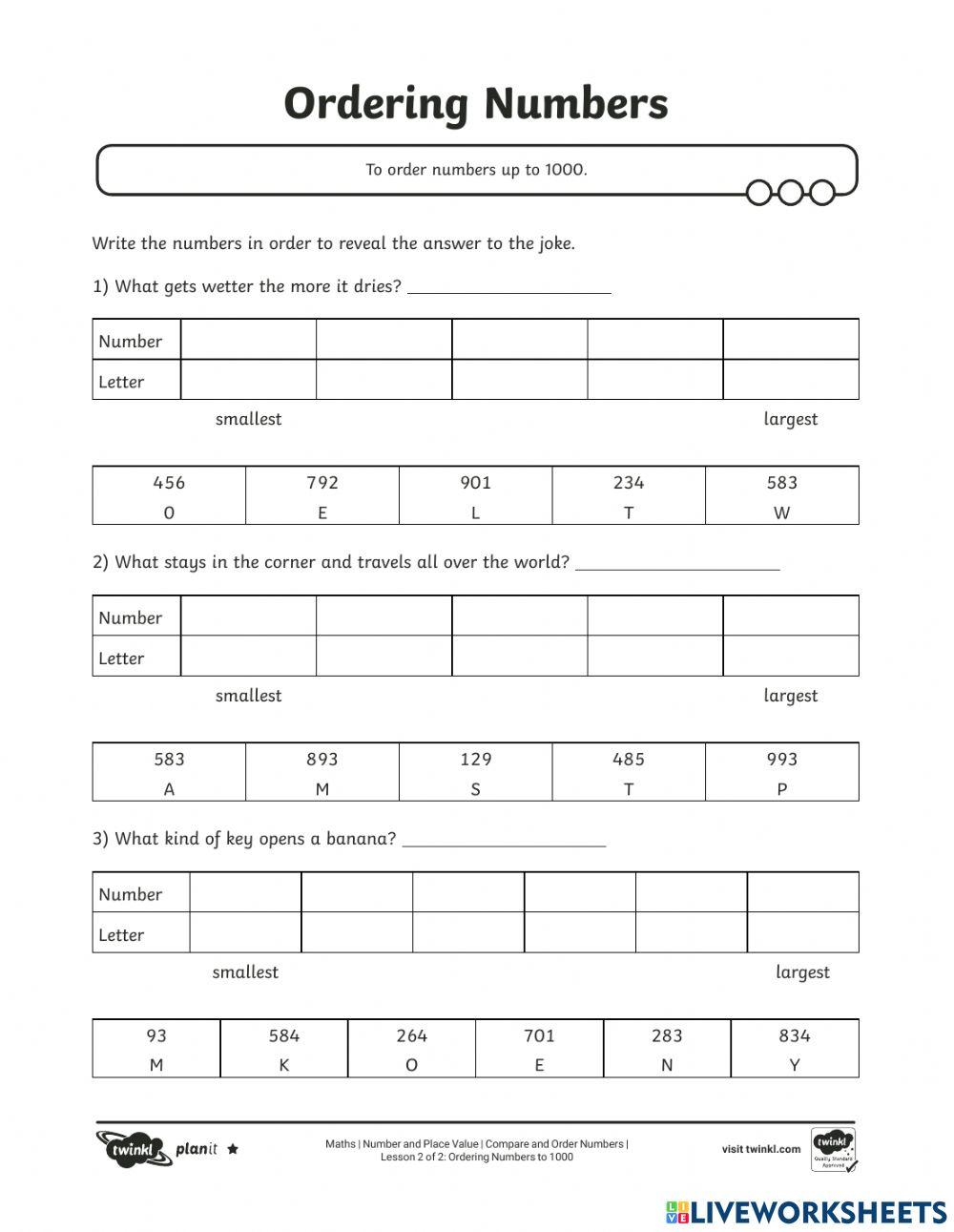 Year 3-Handout Ordering numbers within 1000 (Find answer of the joke ...