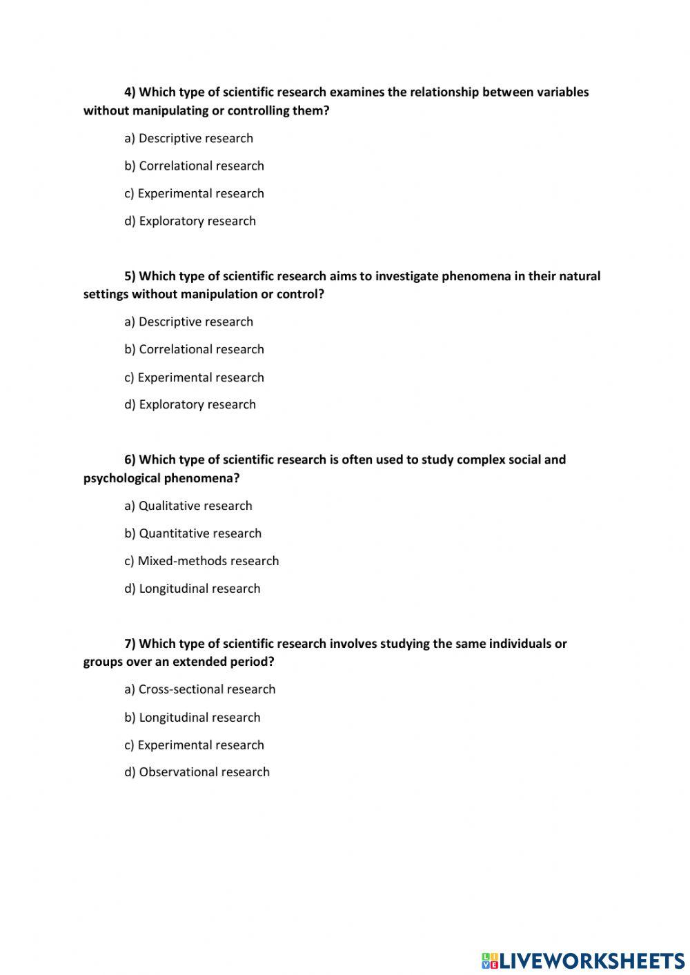 Student Test: Types of Scientific Research worksheet | Live Worksheets