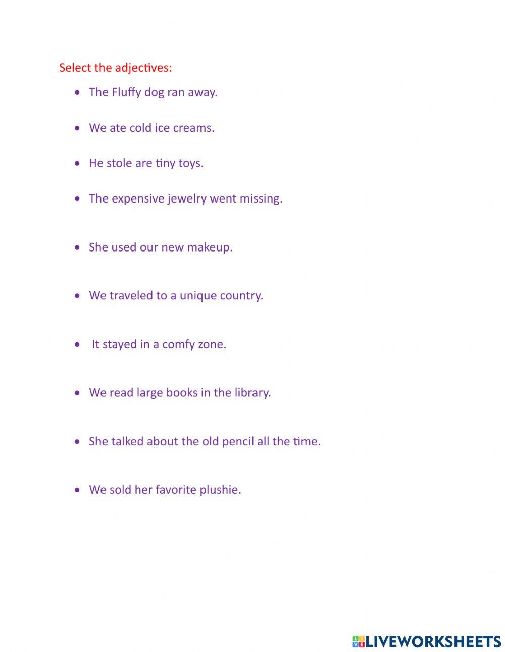 Adjectives online exercise for Grade 3 to 7 | Live Worksheets