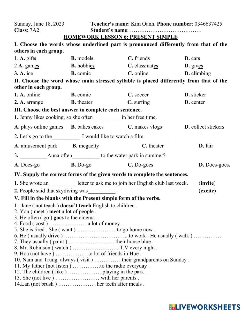 Hw 7a1 worksheet | Live Worksheets