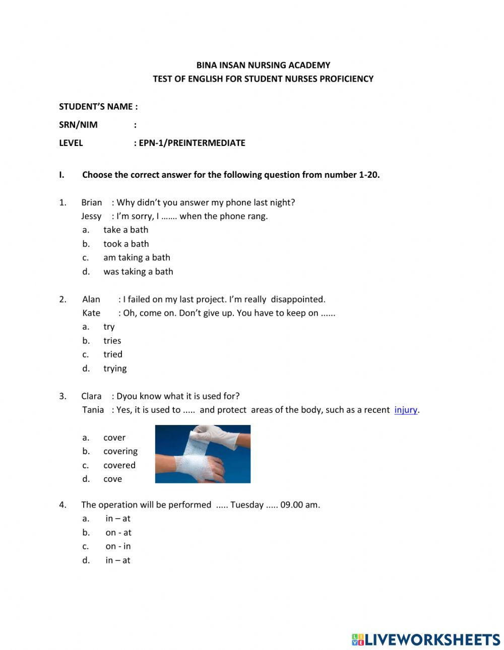 Test of English For Nurse Proficiency worksheet | Live Worksheets