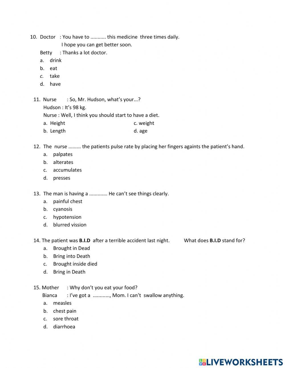 Test of English For Nurse Proficiency worksheet | Live Worksheets
