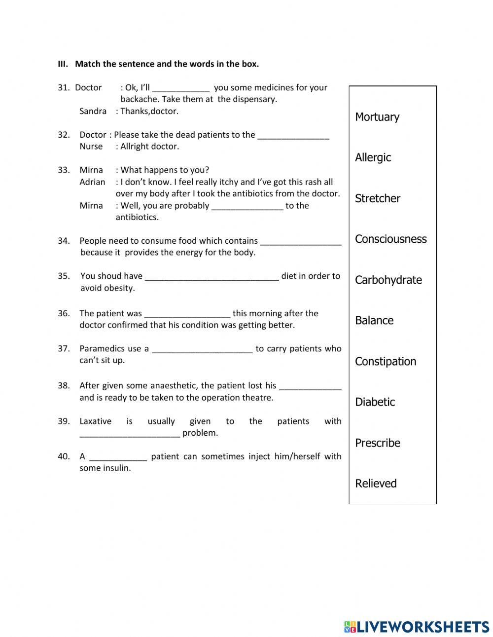 Test of English For Nurse Proficiency worksheet | Live Worksheets