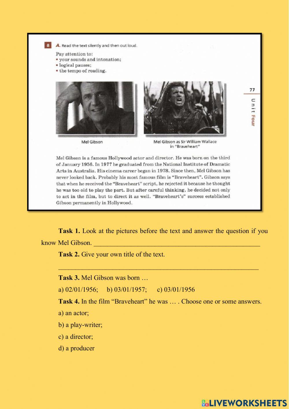 Famous Actors: Mel Gibson worksheet | Live Worksheets