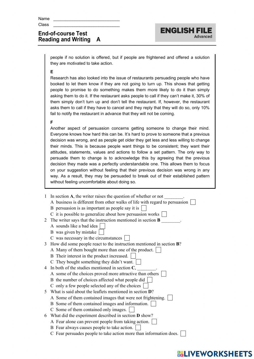 EF Advanced Final Test online exercise for | Live Worksheets