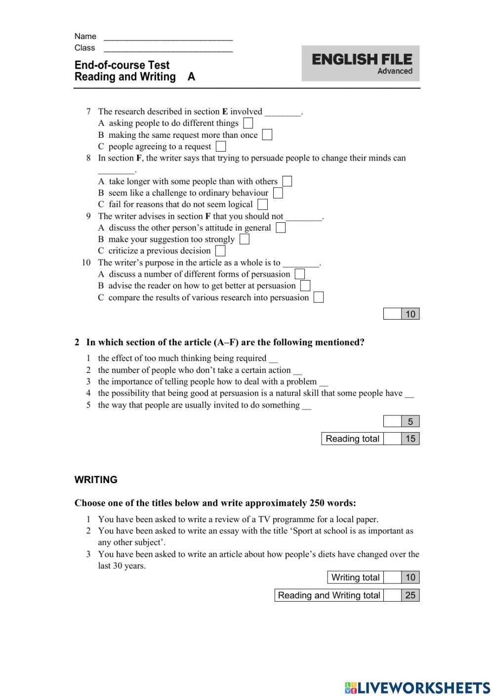 EF Advanced Final Test online exercise for | Live Worksheets