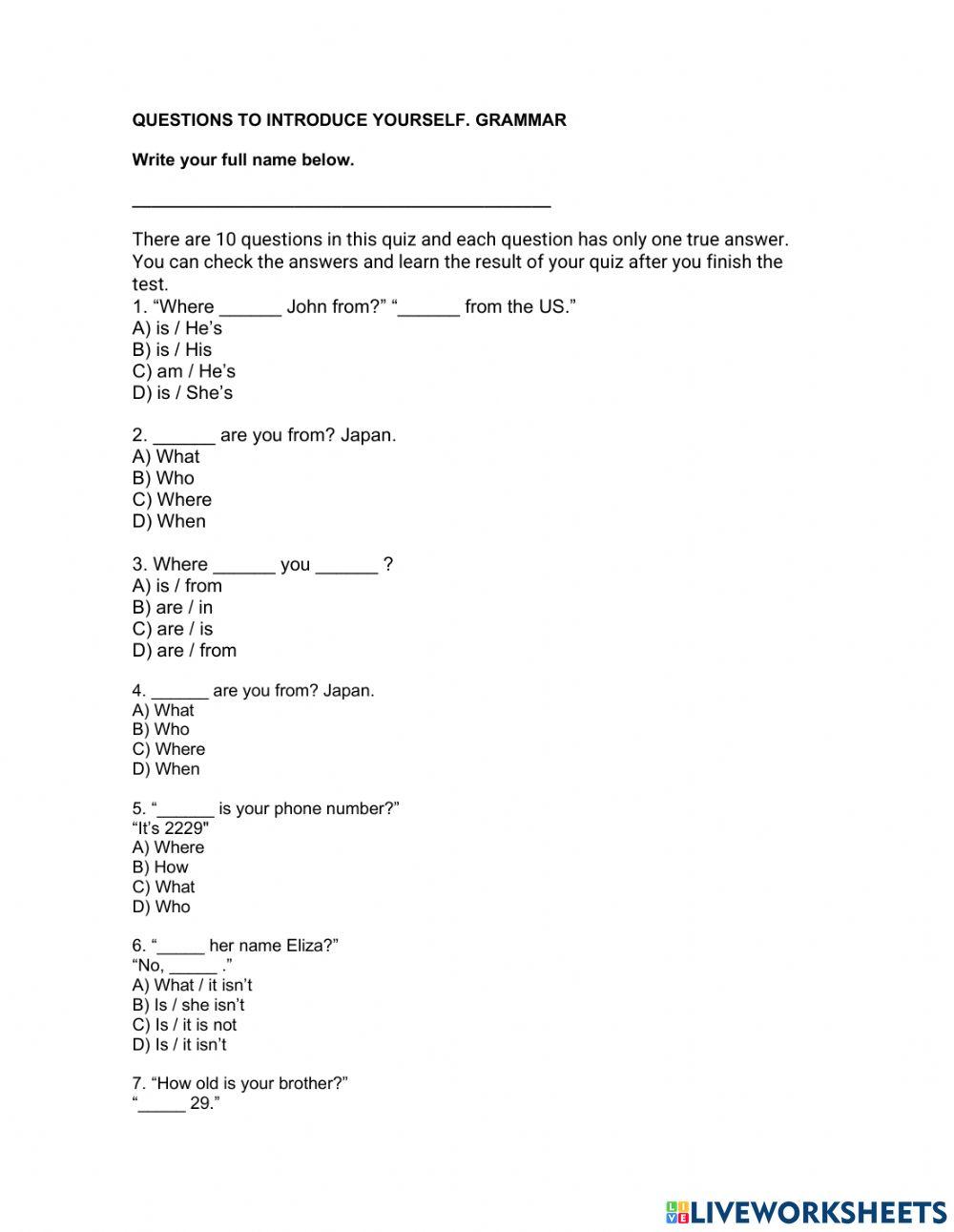 7051597 | QUESTIONS TO INTRODUCE YOURSELF. GRAMMAR