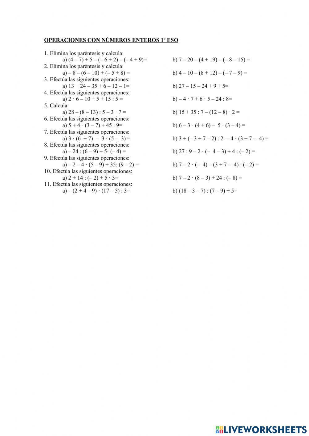 Enteros 1º ESO | Free Interactive Worksheets | 7028404