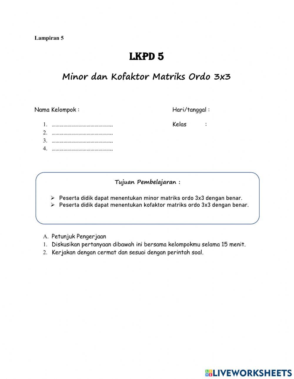 Minor dan kofaktor matriks worksheet | Live Worksheets