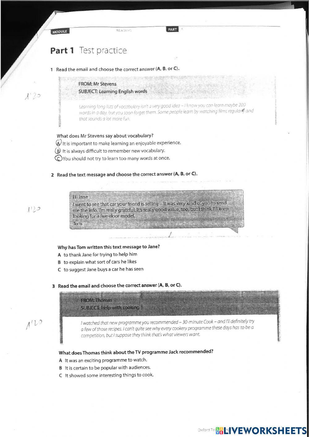 B1 Reading Part1-4 worksheet | Live Worksheets