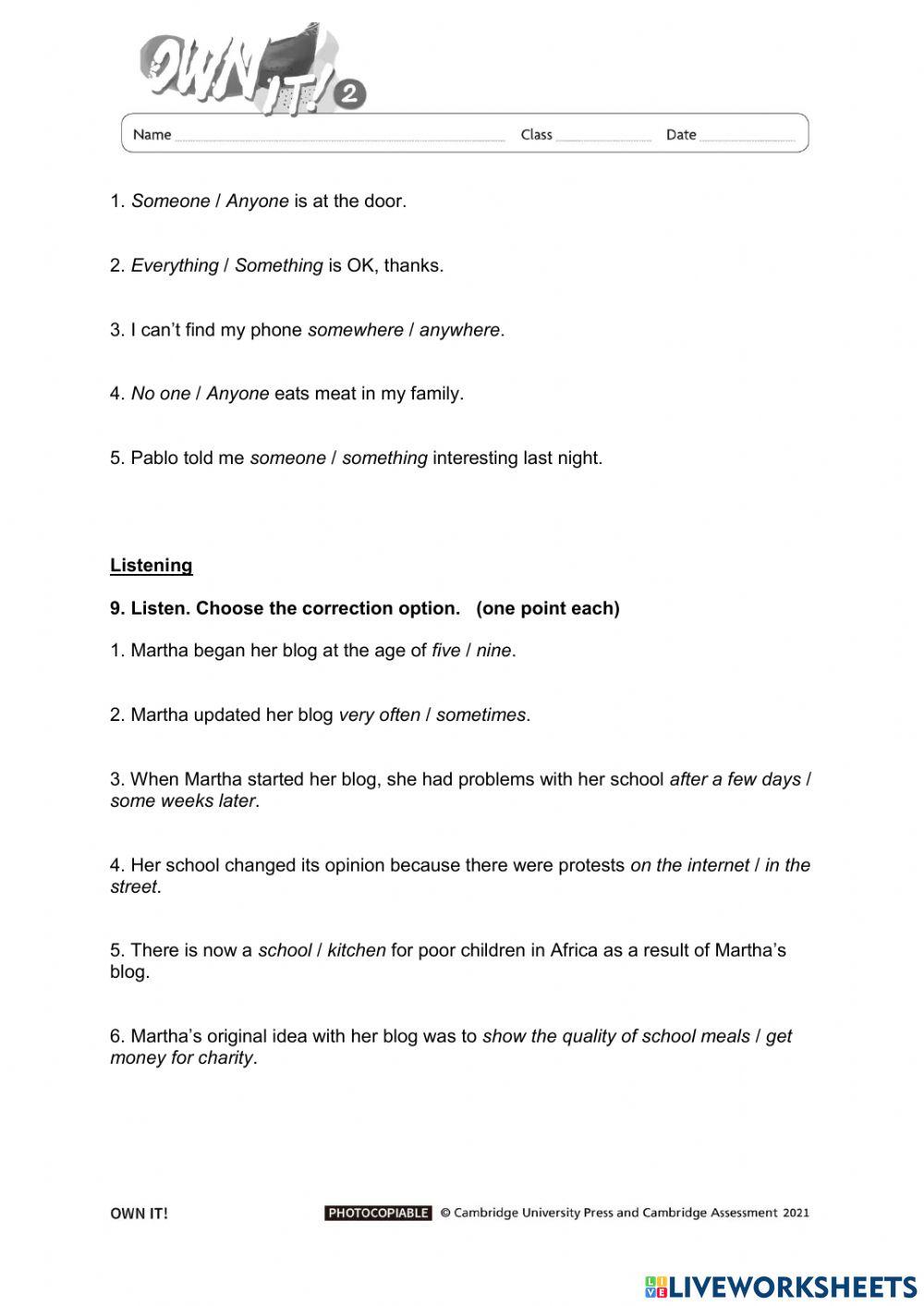 Own it 2 Test Unit 8 online exercise for | Live Worksheets