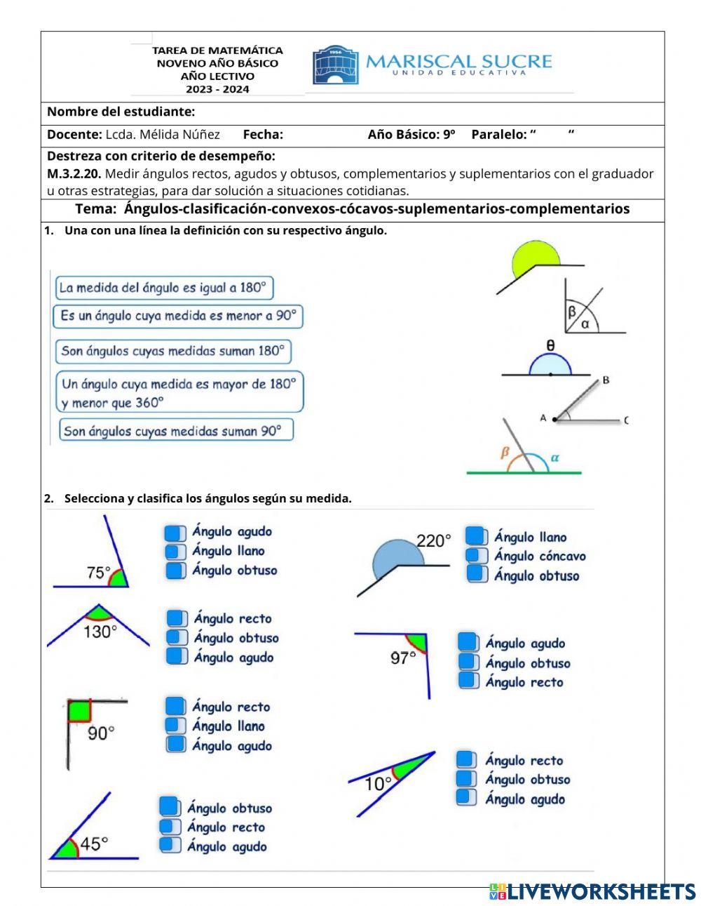 9º TAREA ÁNGULOS CLASIFICACIÓN-SUPLEMENTARIOS COMPLEMENTARIOS- online ...