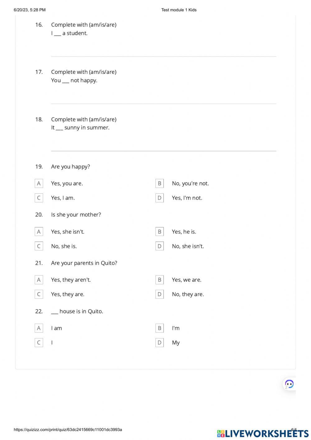 Module 1 activity for A1.1 | Live Worksheets