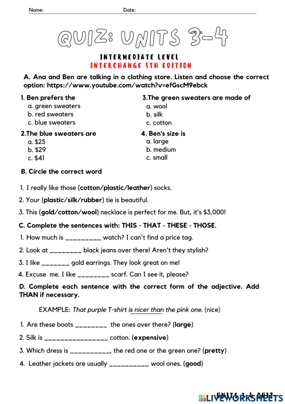 Unit 1-2 Grammar Quiz Interchange Worksheet Live Worksheets, 58% OFF Unit 1-2 Grammar Quiz Interchange Worksheet Live Worksheets, 58% OFF