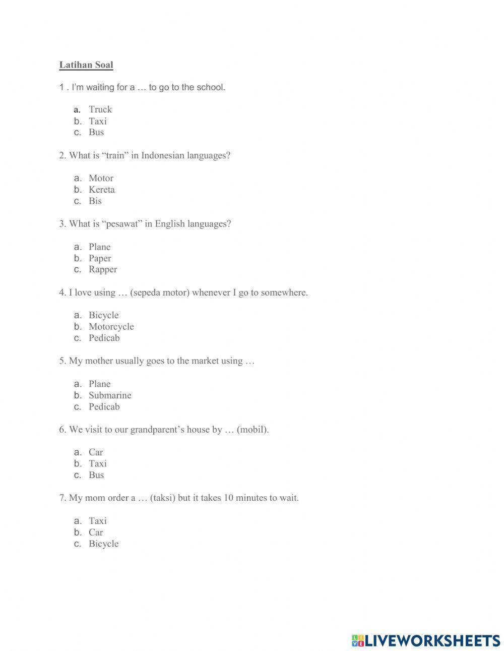 Test transportation worksheet | Live Worksheets