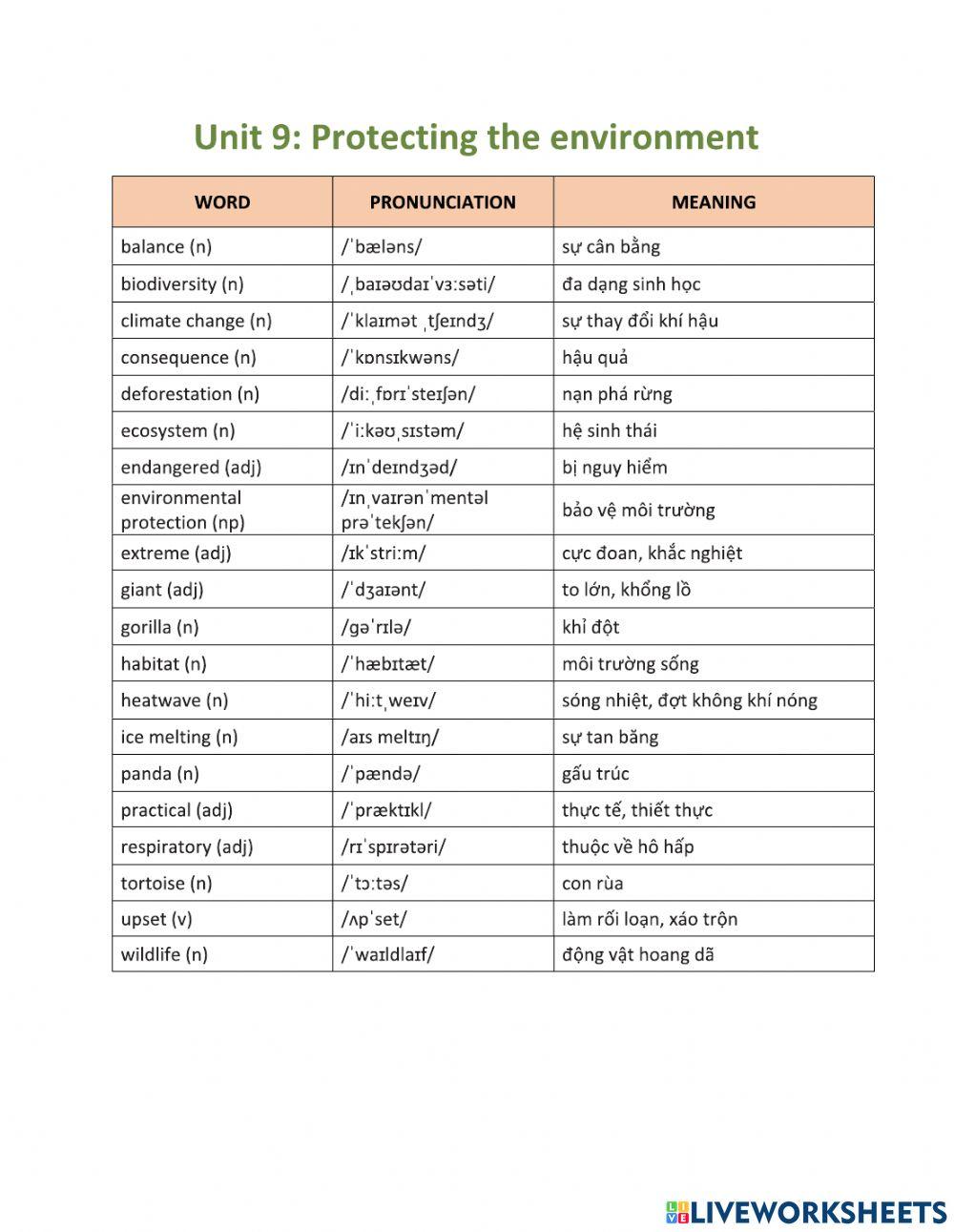 TiengAnh10-Unit9-NguyenHuuPhong worksheet | Live Worksheets