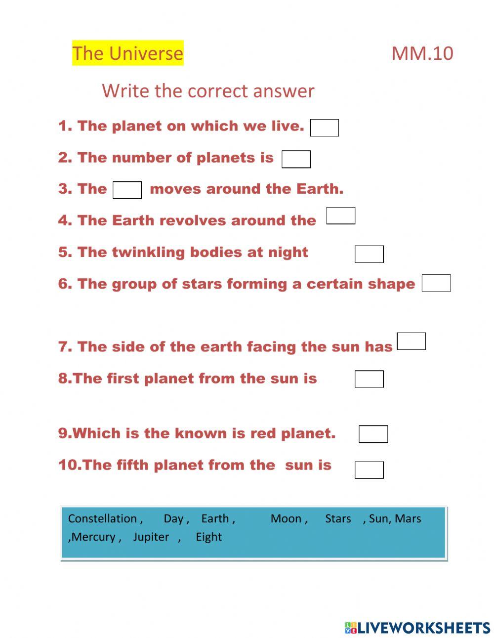 The Universe | Free Interactive Worksheets | 7068240