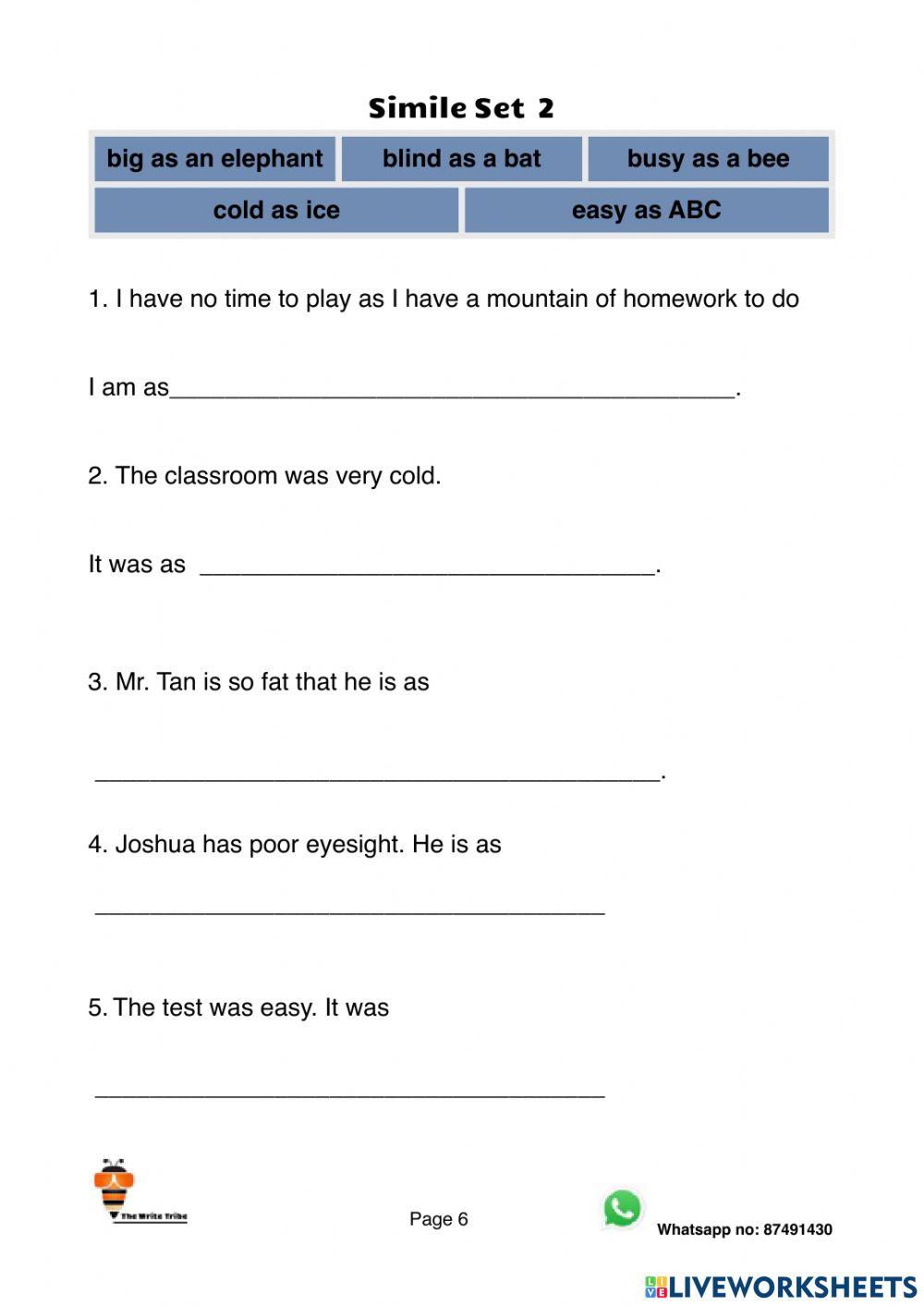 Similes PART 1 worksheet | Live Worksheets
