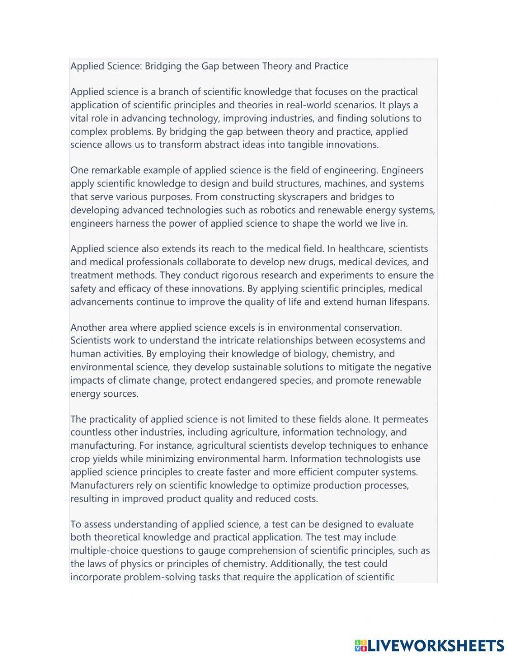 Applied Science: Theory and Practice worksheet | Live Worksheets