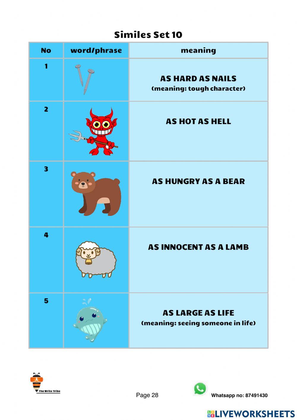 Similes PART 5 worksheet | Live Worksheets