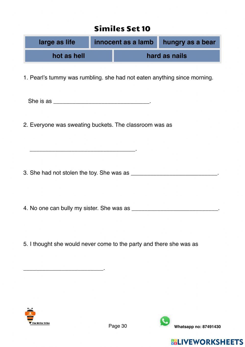 Similes PART 5 worksheet | Live Worksheets