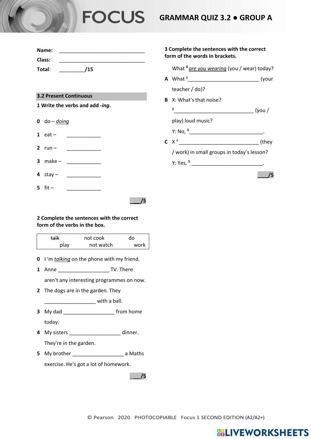 Focus 1 Unit 3 Grammar Quiz Present Continuous online exercise for | Live Worksheets