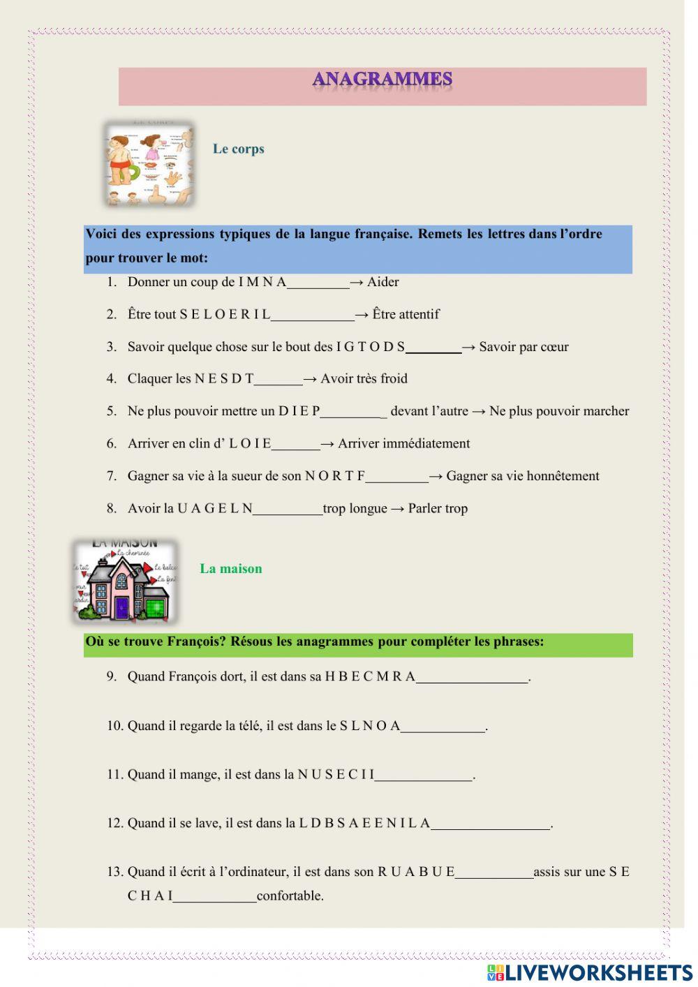 Le jeu des Anagrammes worksheet | Live Worksheets