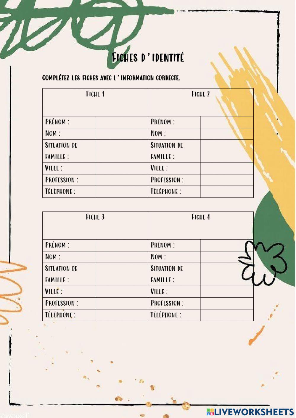 Fiches d'identi… | Free Interactive Worksheets | 7069538