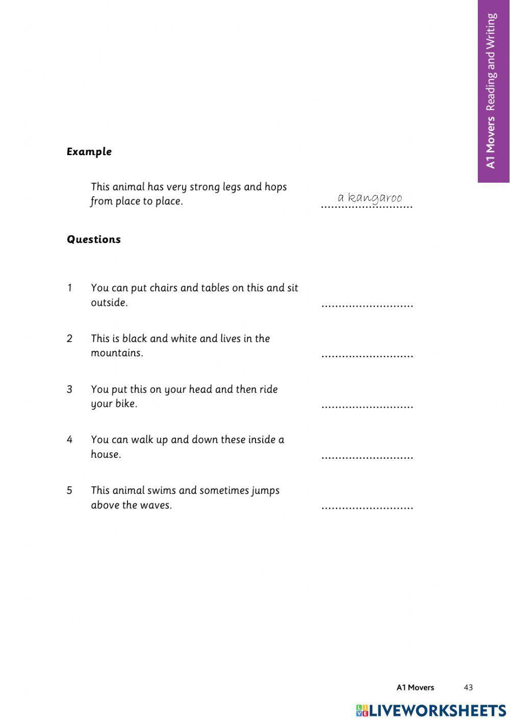 A1 movers reading and writing online exercise for | Live Worksheets