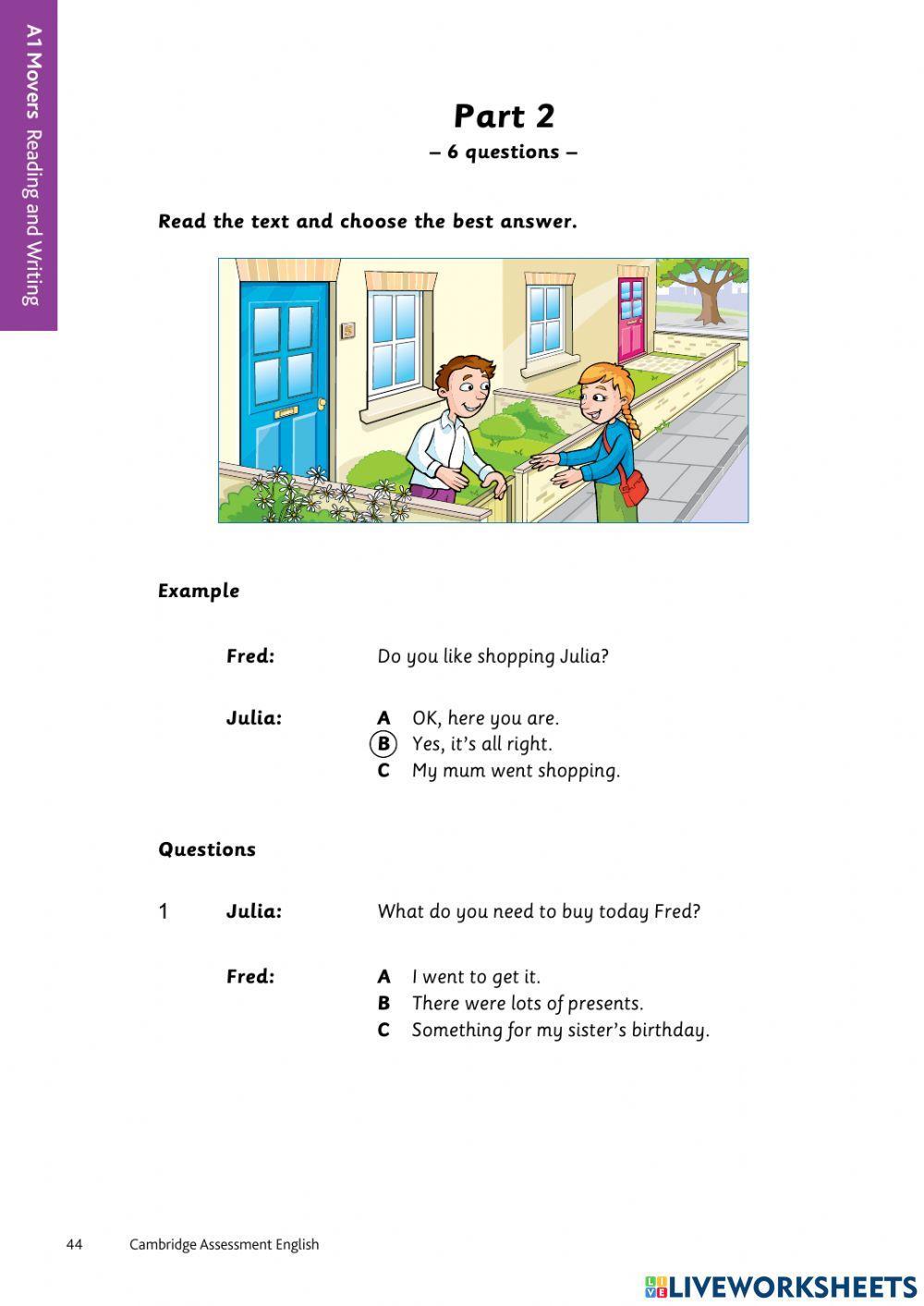 A1 movers reading and writing online exercise for | Live Worksheets