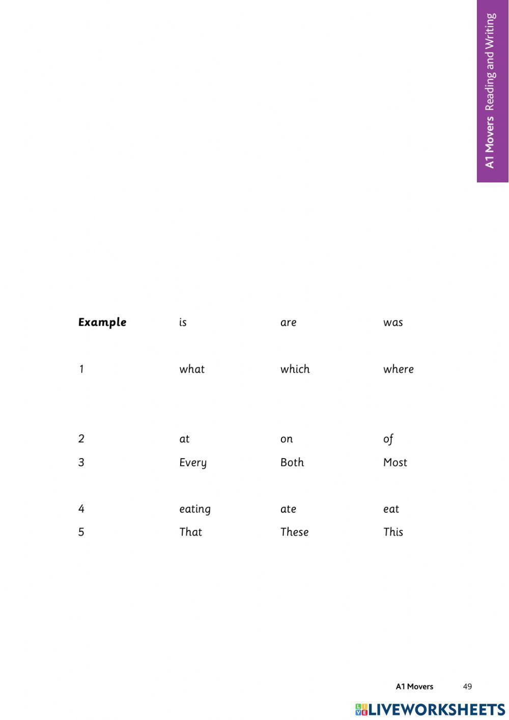 A1 movers reading and writing online exercise for | Live Worksheets