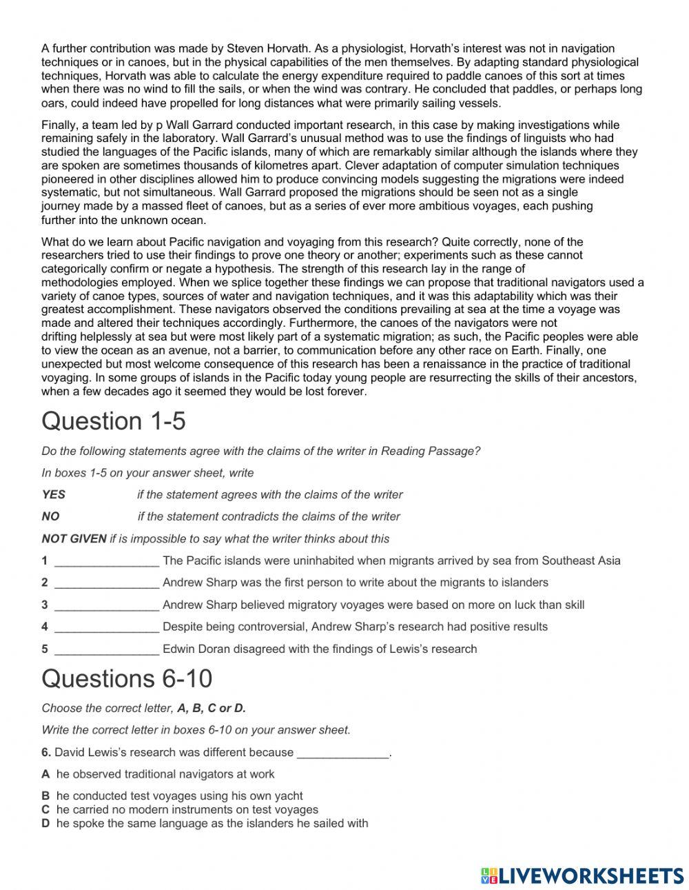 IELTS READING:1 PACIFIC NAVIGATION online exercise for | Live Worksheets