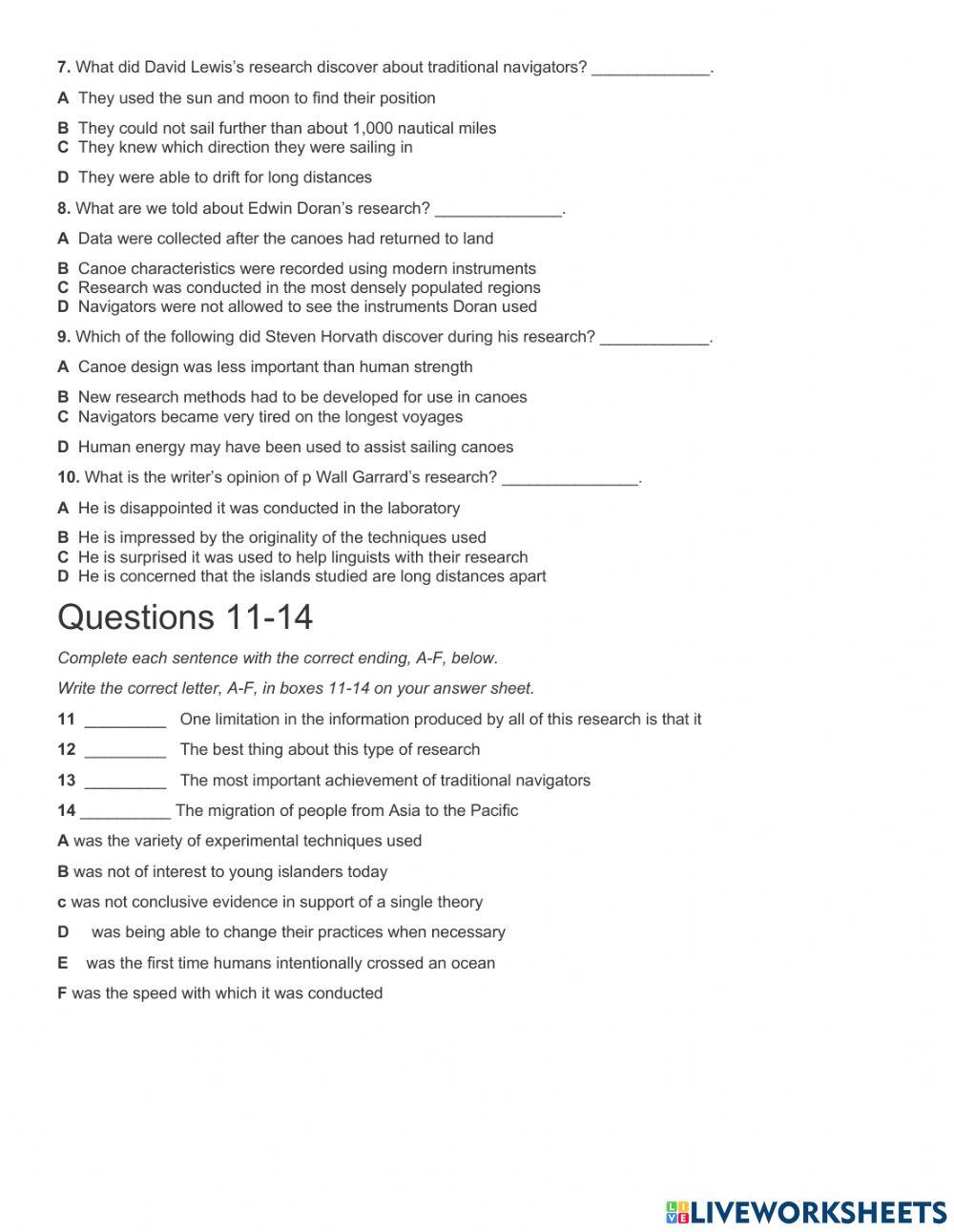 IELTS READING:1 PACIFIC NAVIGATION online exercise for | Live Worksheets